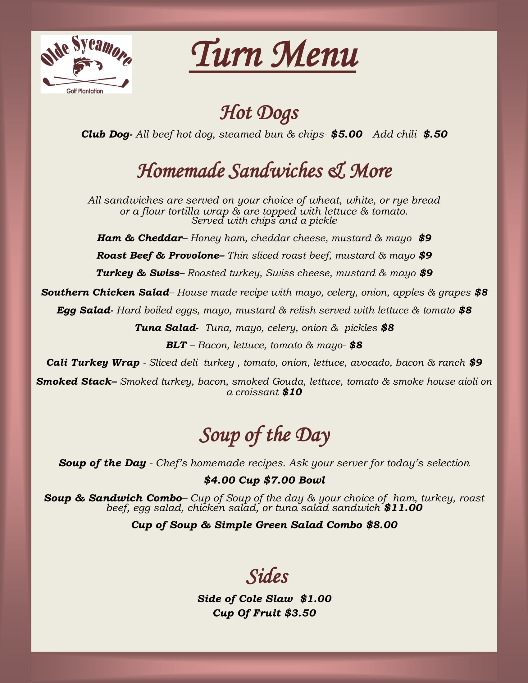 Dining Menu - Olde Sycamore Golf Plantation