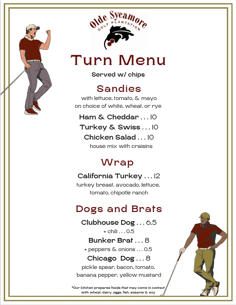 Dining Menu - Olde Sycamore Golf Plantation
